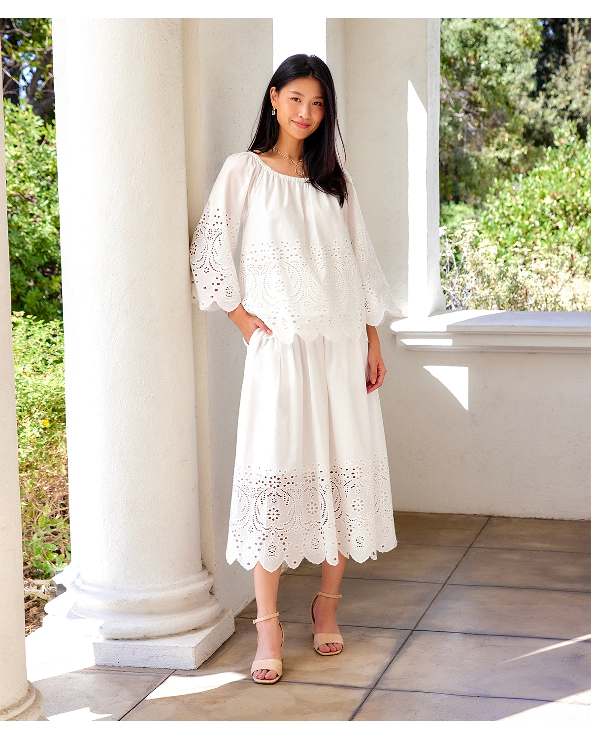 KAREN KANE Karen Kane Embroidered Cutout Midi Skirt